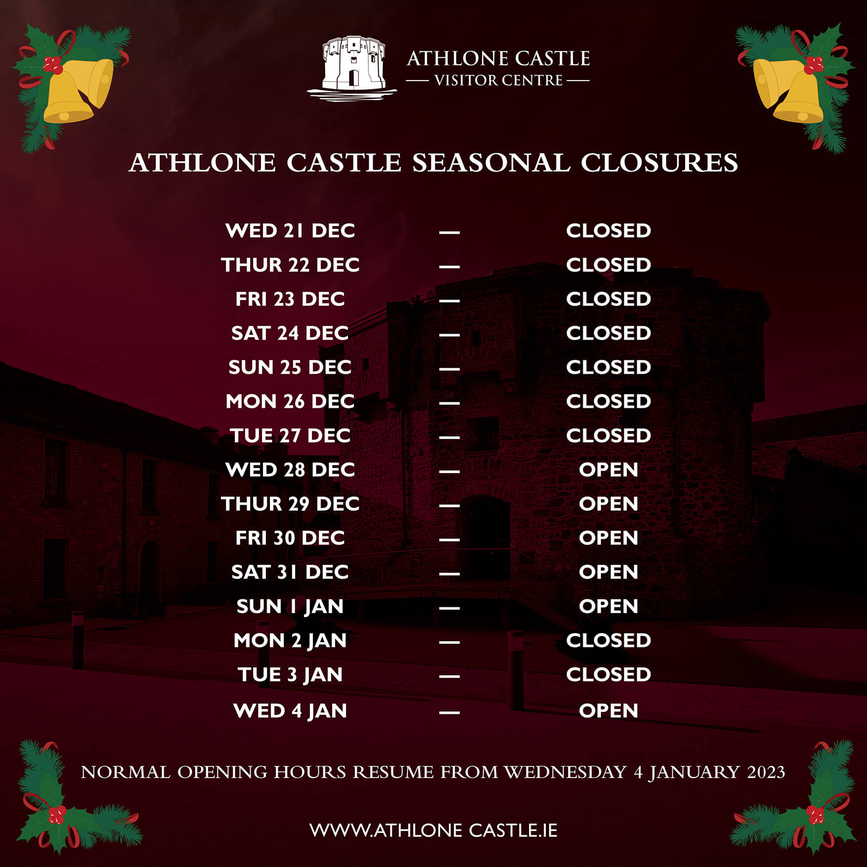Athlone Castle Seasonal Closures | Athlone Castle Visitor Centre